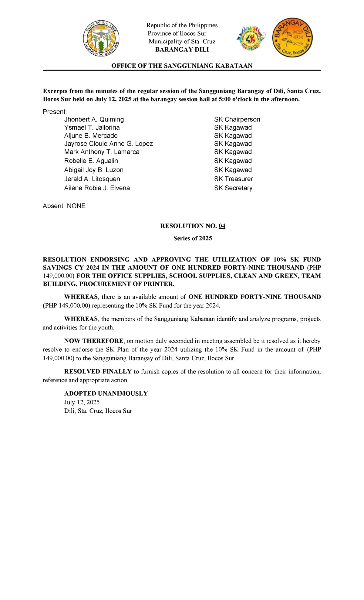 Resolution on SK Fund Utilization for 2024 - Barangay Dili - Studocu