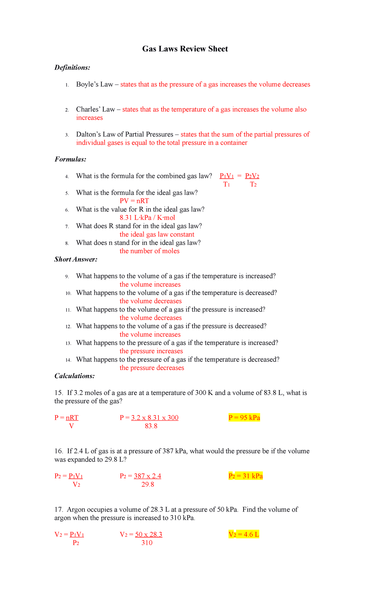 Gas Laws Review Sheet Answers: Concepts & Calculations - Studocu