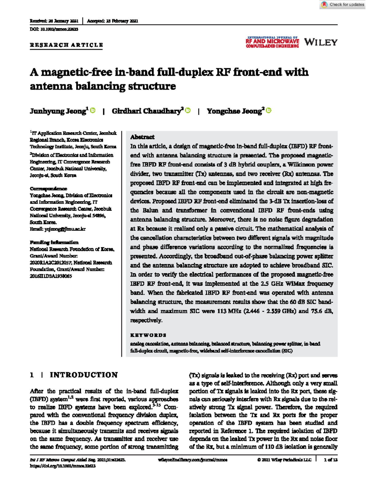 Design and Analysis of IBFD RF with Antenna Balancing Structure (ENG ...
