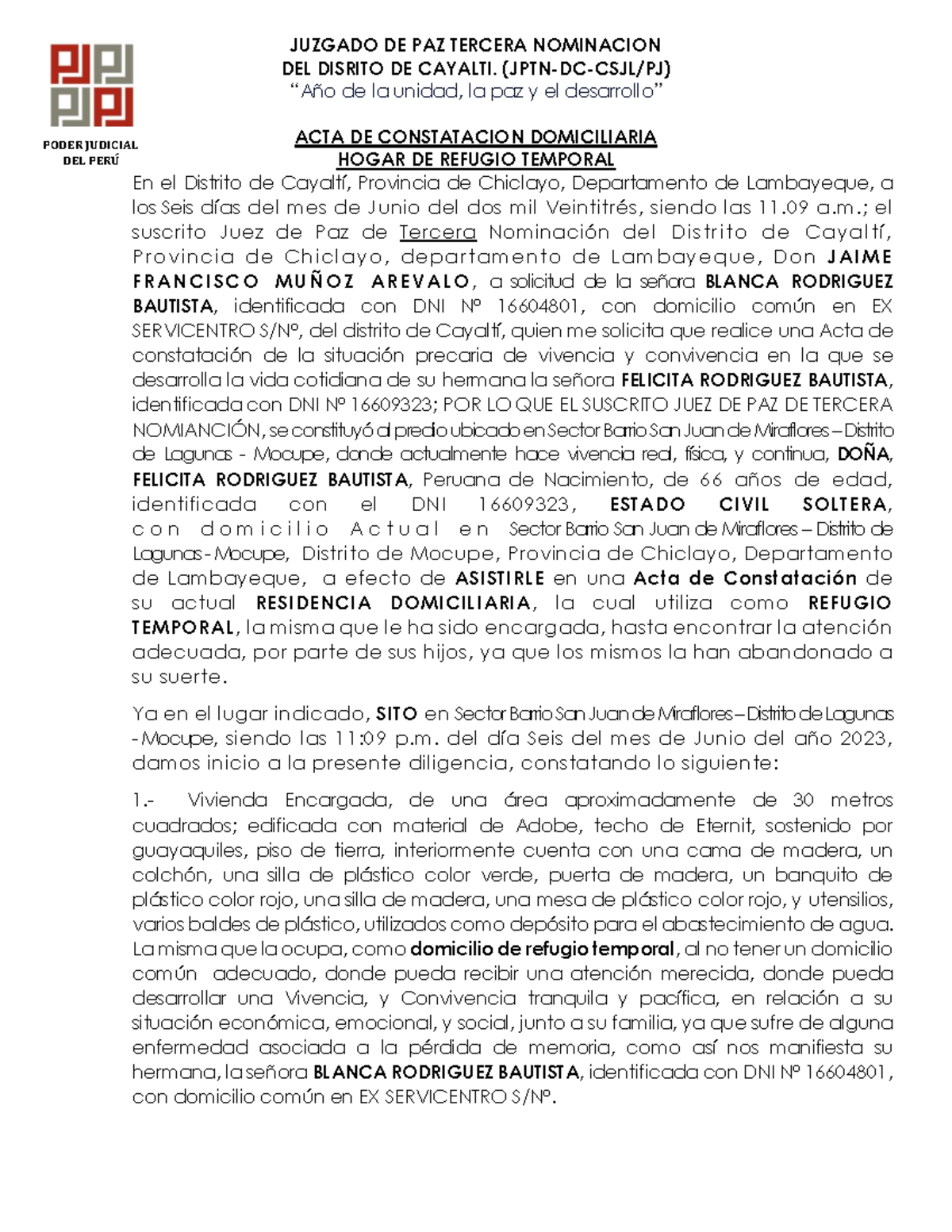 Acta de Constatación Domiciliaria - Refugio Temporal en Mocupe - Studocu