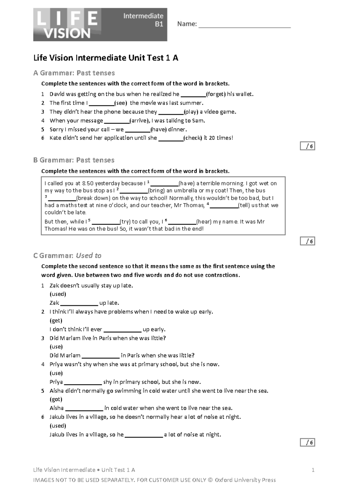 Life Vision Intermediate Unit Test 1A: Grammar and Vocabulary Exercises ...