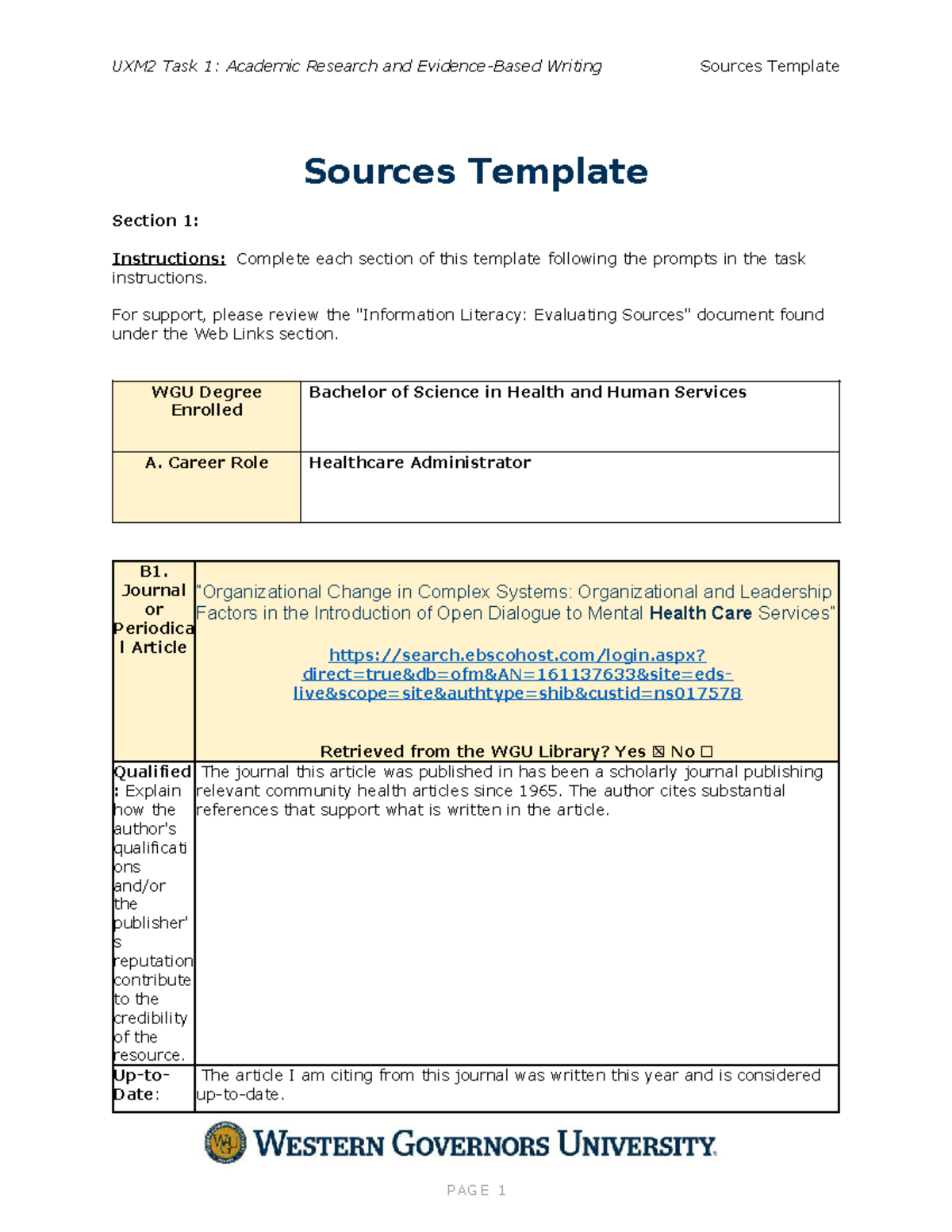 Task 1 D389 - Sources Evaluation Template for D389 Course - Studocu