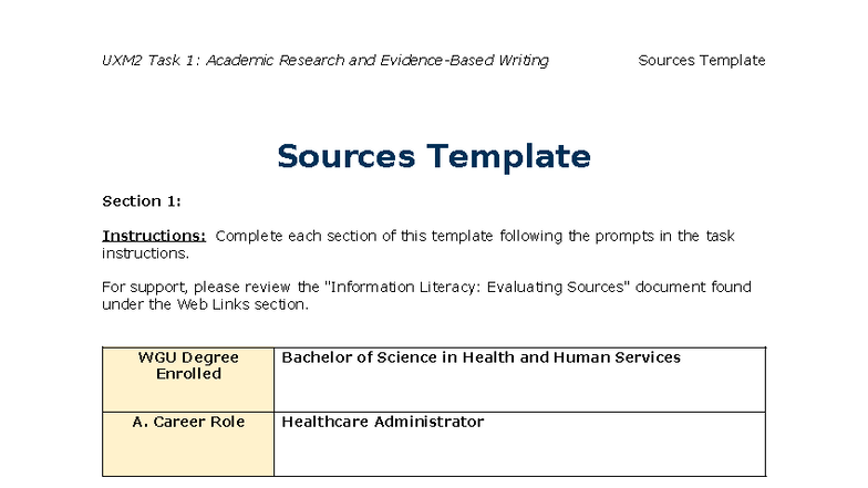 Task 1 D389 - Sources Evaluation Template for D389 Course - Studocu