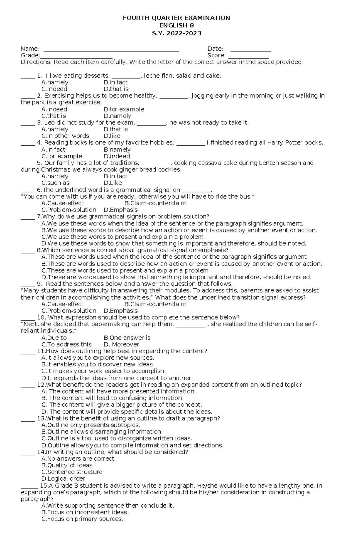 English 8 Final Exam: Grammatical Signals and Text Types - Studocu