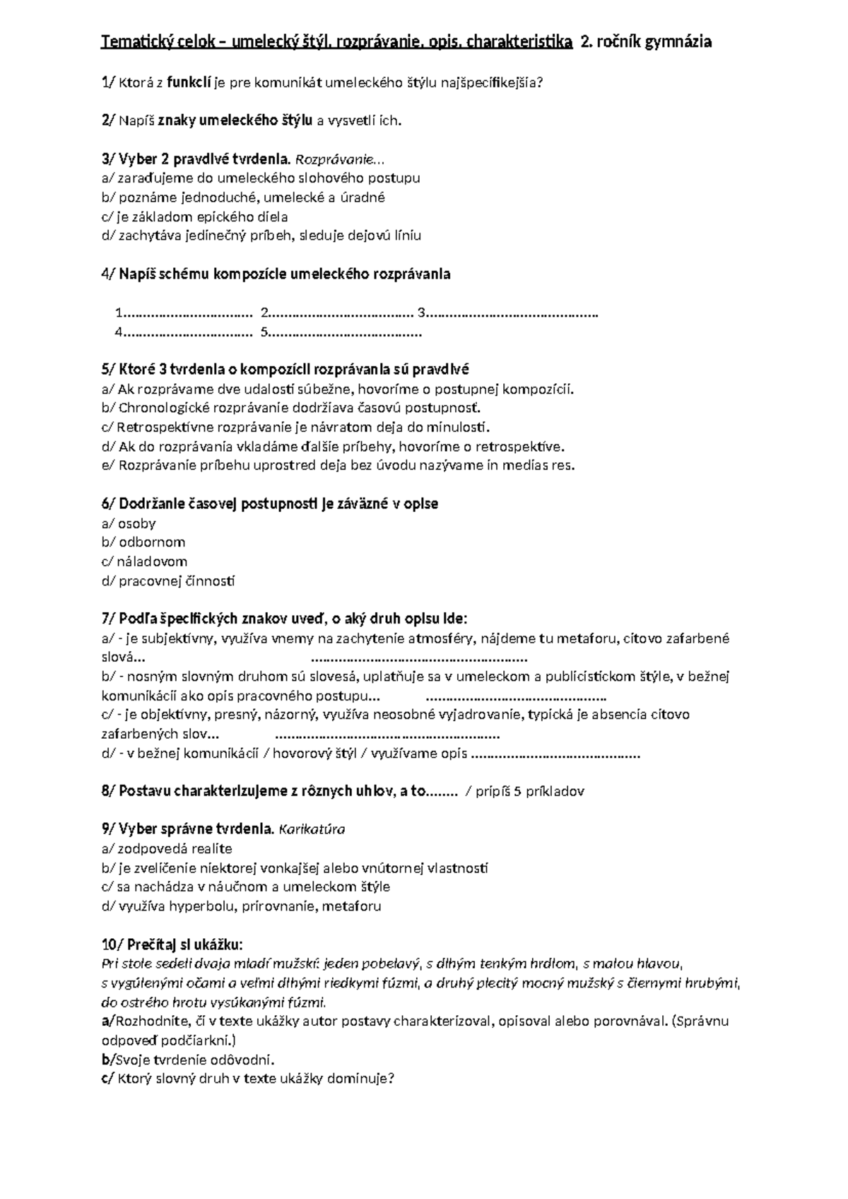 Umelecký štýl a jeho znaky: Rozprávanie a opis v 2. ročníku gymnázia ...