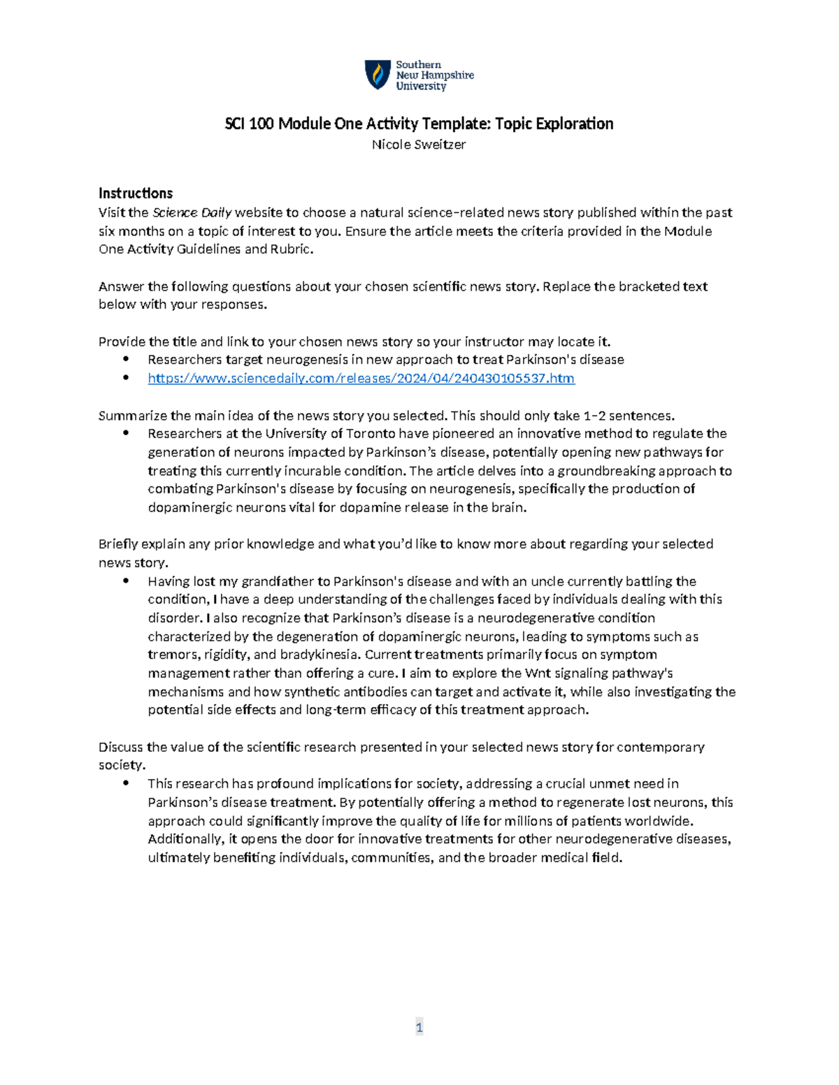 SCI 100 Module One Activity Template - Ensure the article meets the ...