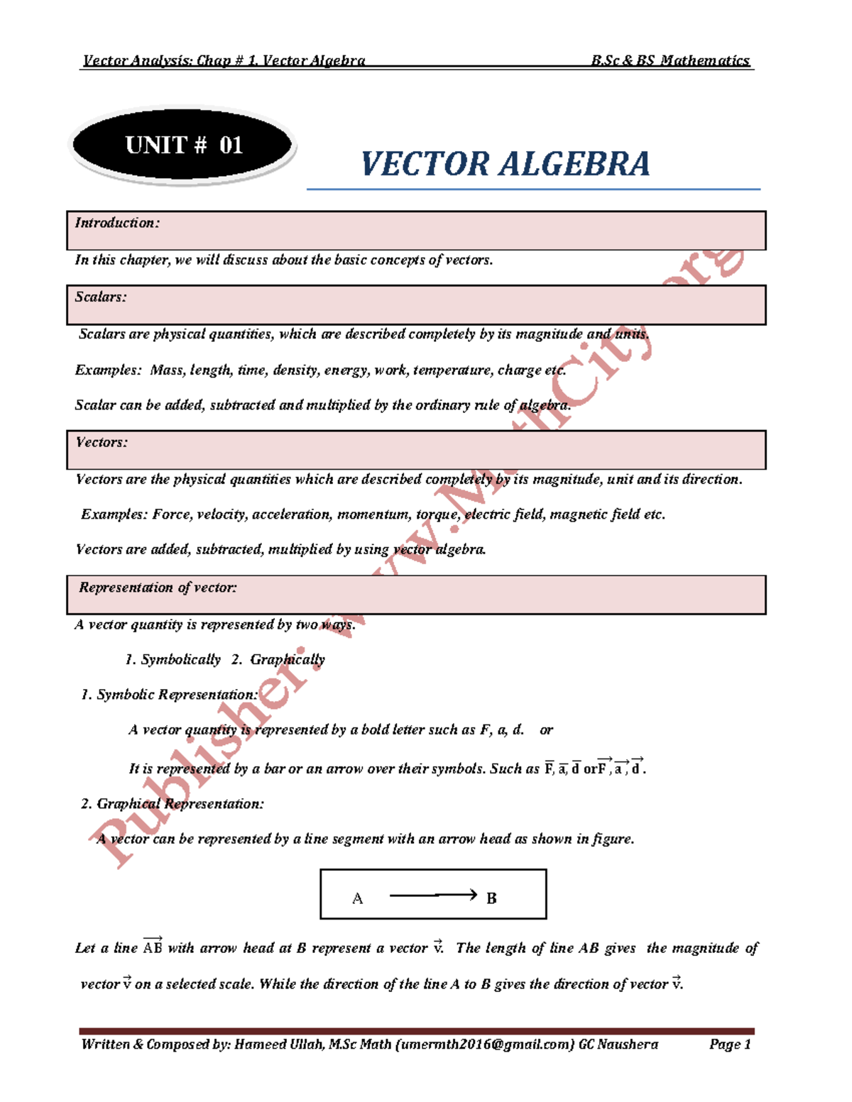 Vector Analysis: Chap 1 - Vector Algebra Overview for B.Sc BS Mathematics - Studocu