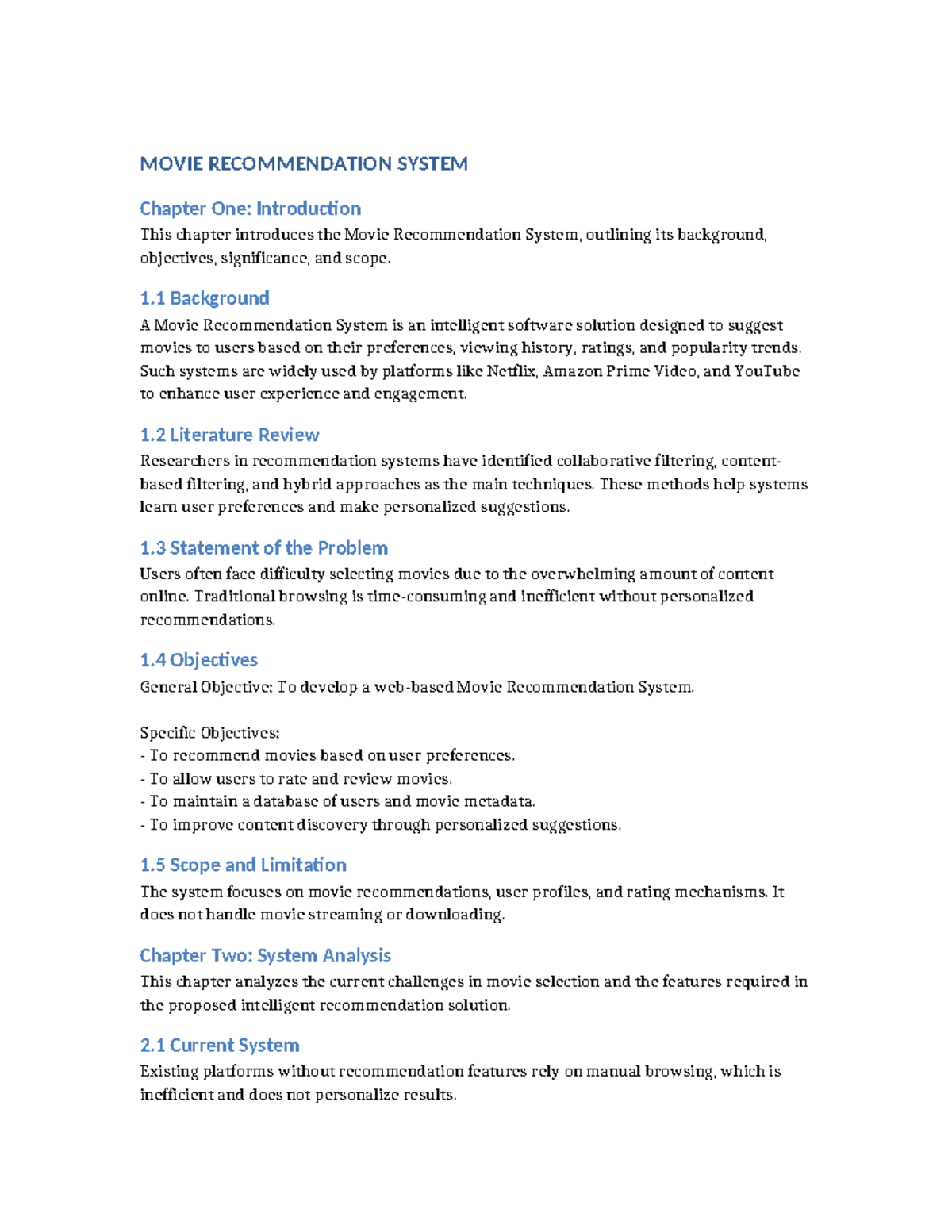 MOVIE RECOMMENDATION SYSTEM (MRS) Chapter 1: Introduction - Studocu