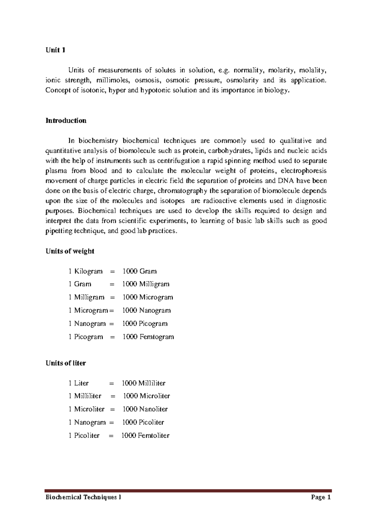 Biochemicaltechniques 1 - Unit 1 Units of measurements of solutes in ...