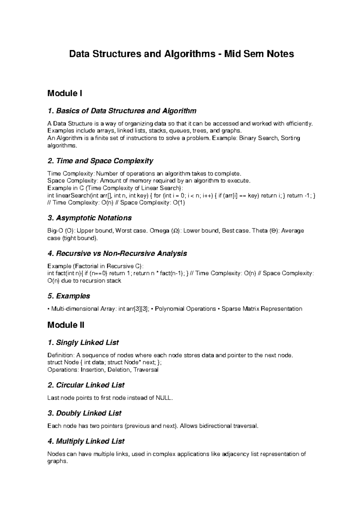 DSA Mid Sem Notes - Data Structures & Algorithms Overview - Studocu