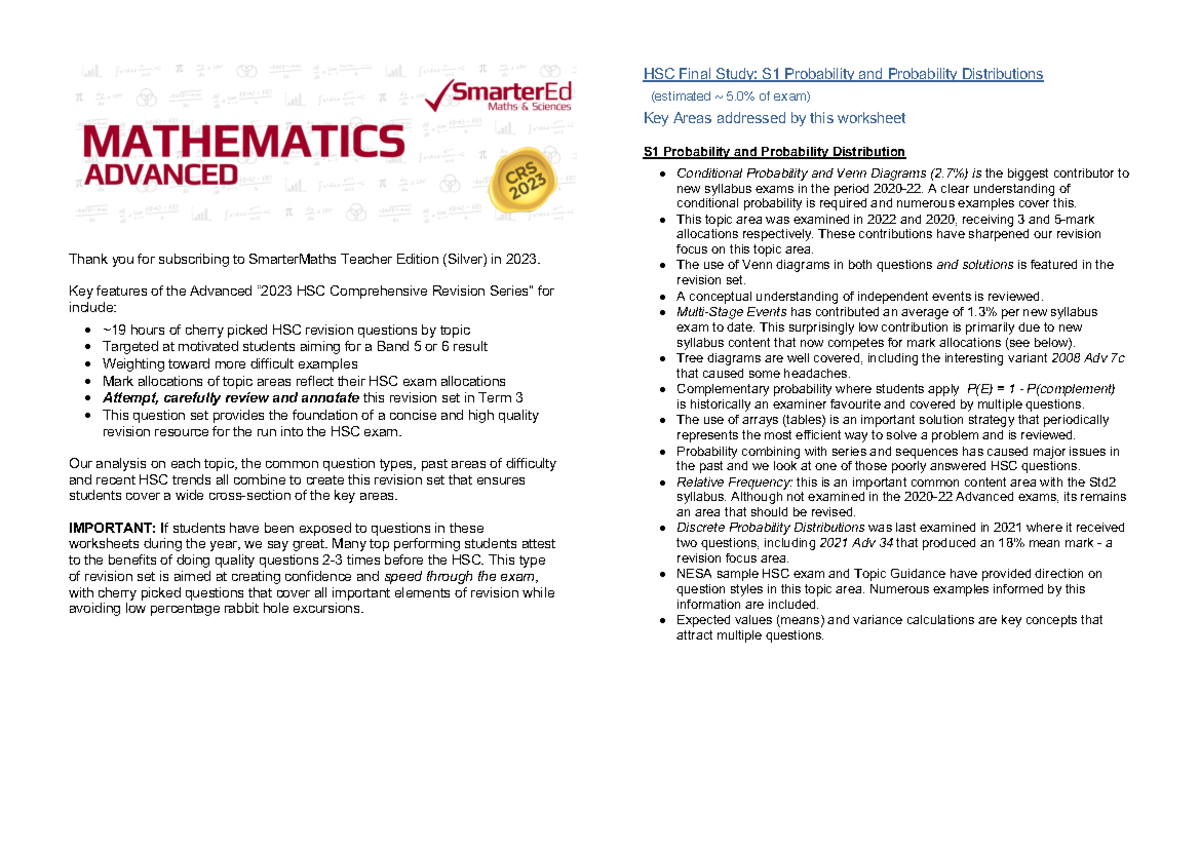 HSC 2023 Advanced Mathematics Revision: Probability & Distributions ...