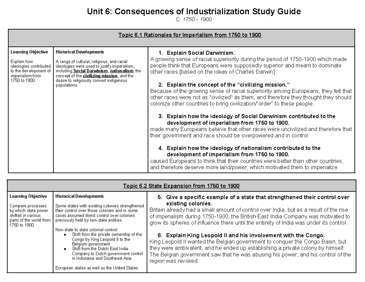 Unit 6 Study Guide: Consequences of Industrialization (1750-1900) - Studocu