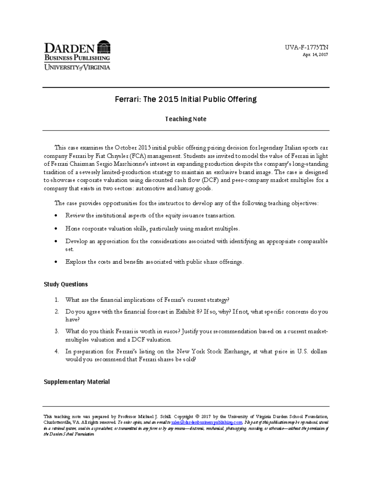 Case 46 Ferrari F1775TN - UVA-F-1775TN Apr. 14, 2017 This teaching note ...