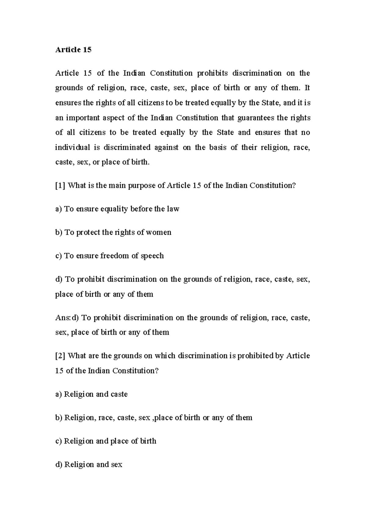 Article 15 MCQs - Indian Constitution Equality Provisions - Studocu