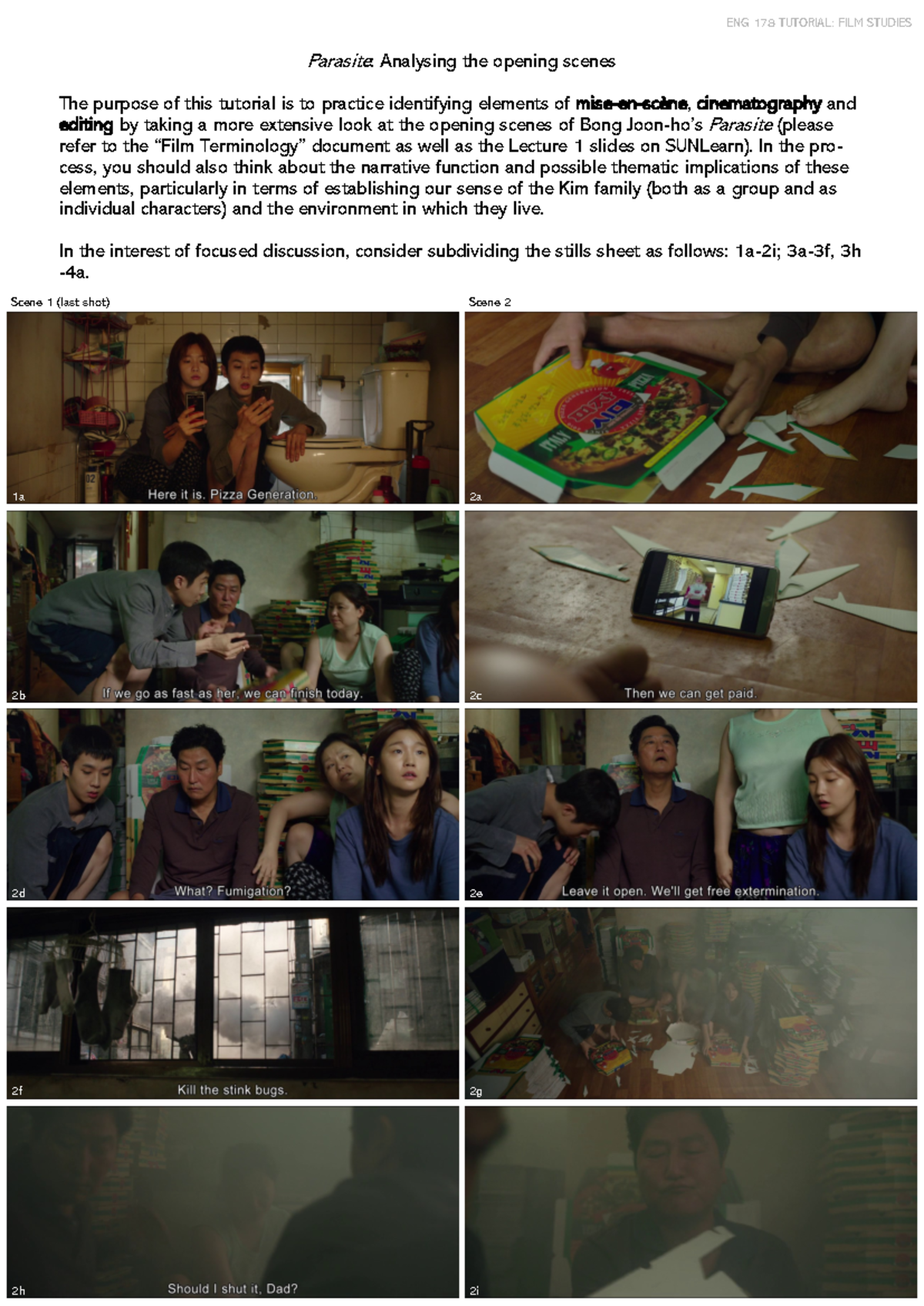 ENG 178 Tutorial: Analyzing Opening Scenes of Parasite - Studocu