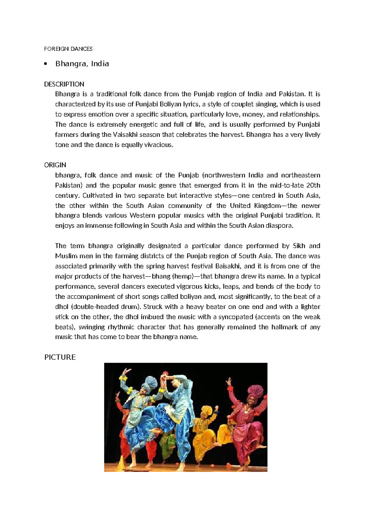 Foreign Dances - none - FOREIGN DANCES Bhangra, India DESCRIPTION ...