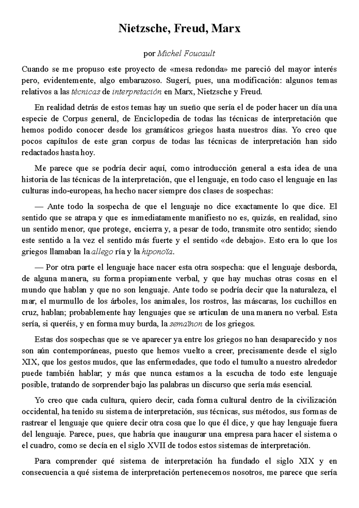 Foucault sobre Nietzsche, Freud y Marx: Técnicas de Interpretación ...