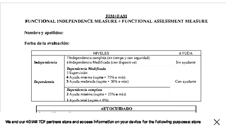 FIM+FAM Evaluación de Independencia Funcional y Medición - Studocu