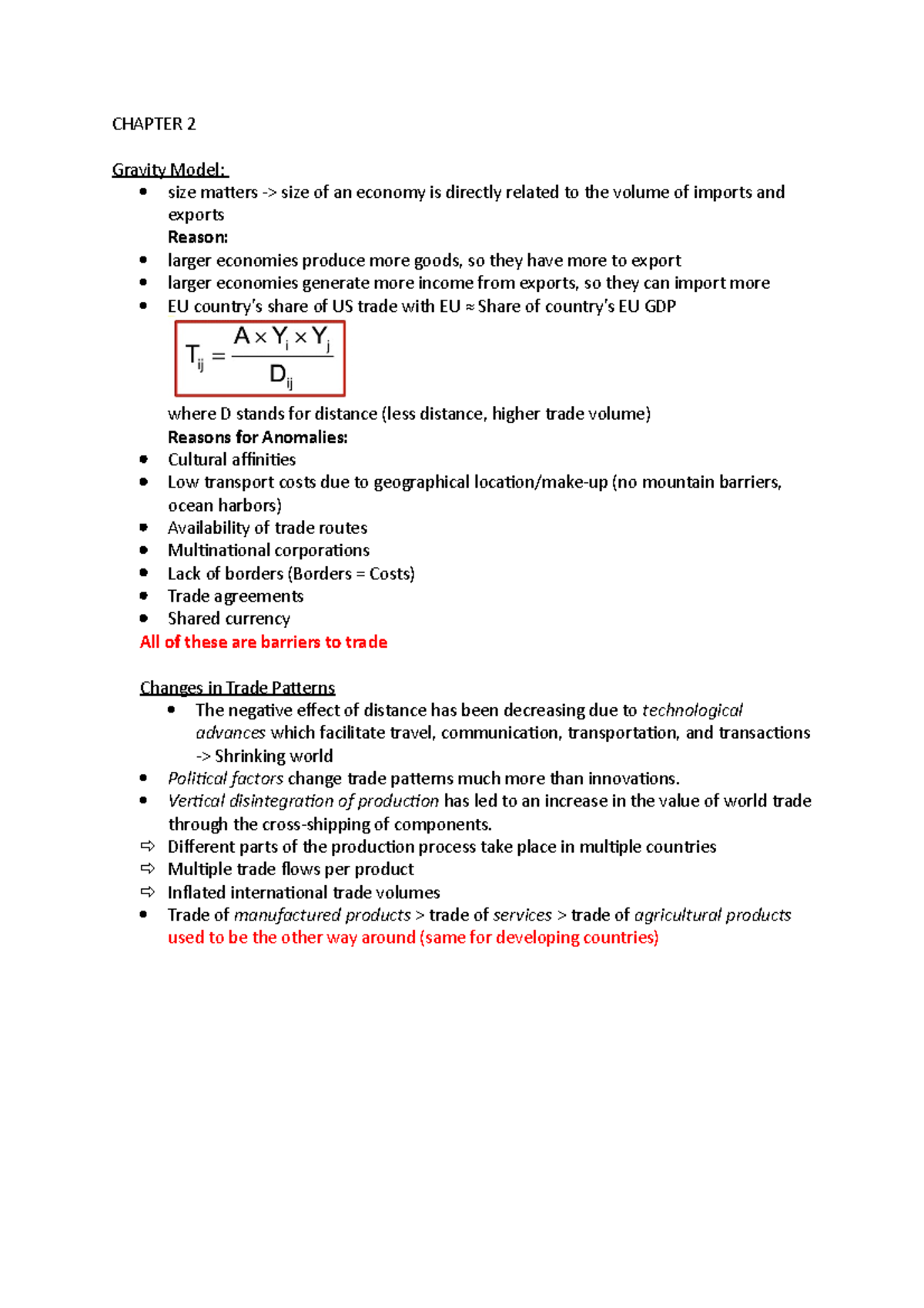 Chapter 2 - International Trade Ch.2 Summary - CHAPTER 2 Gravity Model: size matters -> size of ...