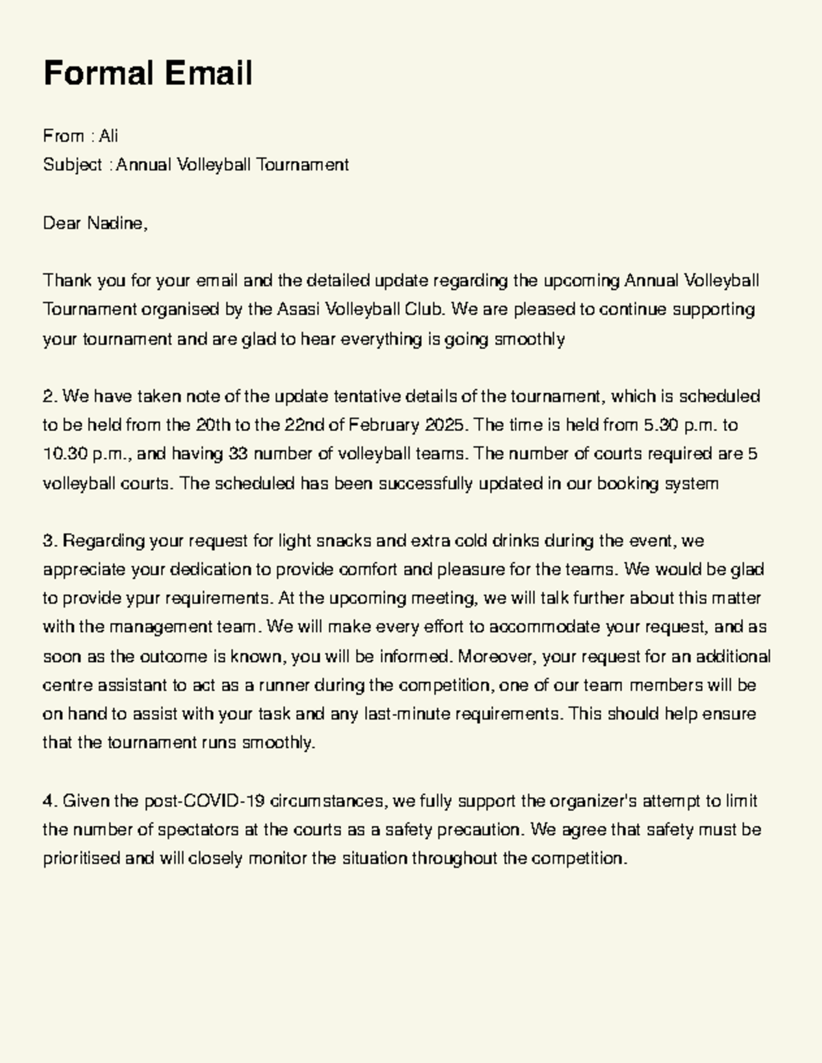 LCC Formal Email: Support for Annual Volleyball Tournament - Studocu