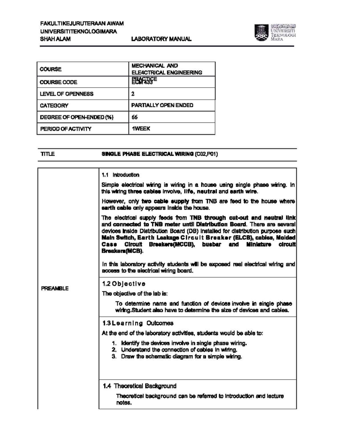 ECM 433 Lab Manual: Single Phase Electrical Wiring (C02, P01) - Studocu