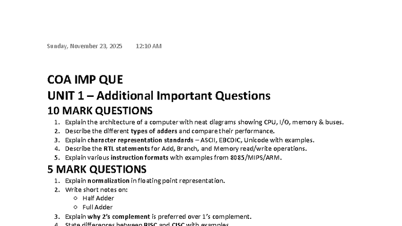 COA IMP QUE - Important Questions for COA Unit 1 & 2 - Studocu