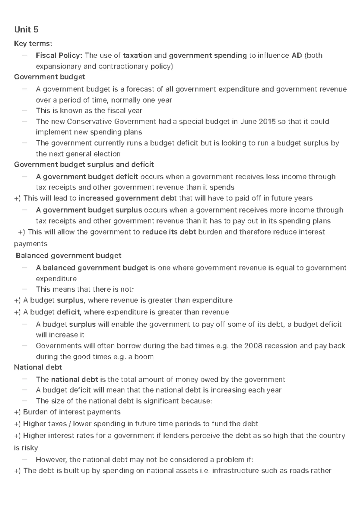 Unit 5: CHAPTER 22-24 FISCAL, MONETARY & SUPPLY SIDE POLICY Notes - Studocu