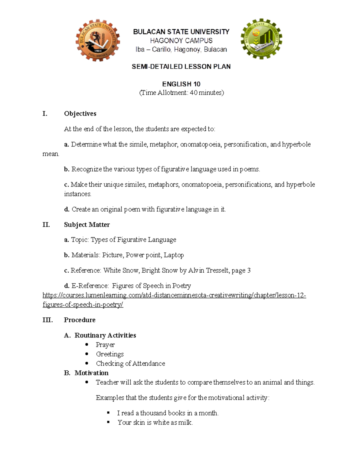 Semi-detailed Lesson Plan - (Time Allotment: 40 minutes) I. Objectives ...