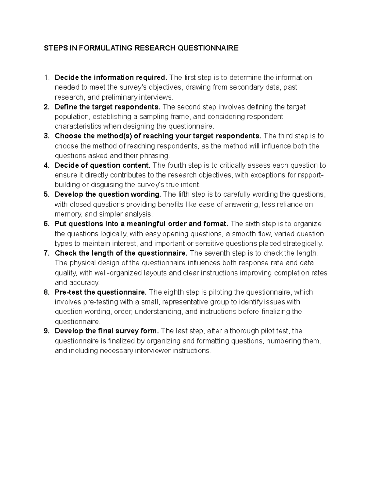 Research Questionnaire - STEPS IN FORMULATING RESEARCH QUESTIONNAIRE ...