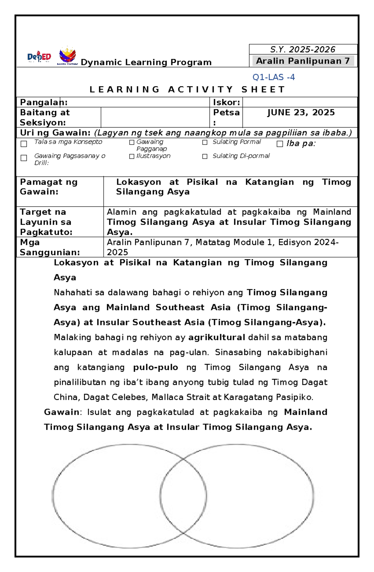 AP 7 - Dynamic Learning Program: Timog Silangang Asya Activity - Studocu