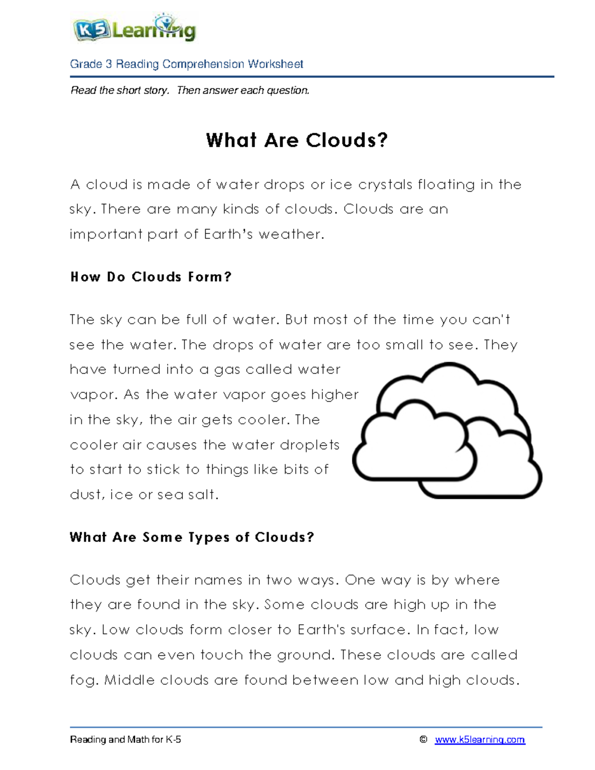 3rd grade 3 reading what are clouds - Read the short story. Then answer ...