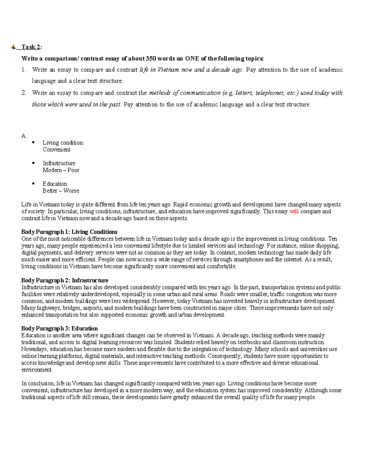 Task 2: Contrast Essay on Life in Vietnam Now vs. a Decade Ago - Studocu