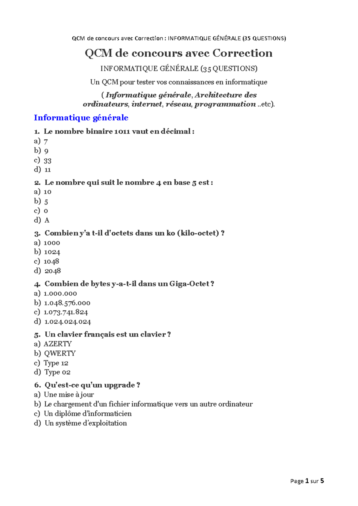 QCM Informatique Générale avec Correction - 35 Questions - Studocu