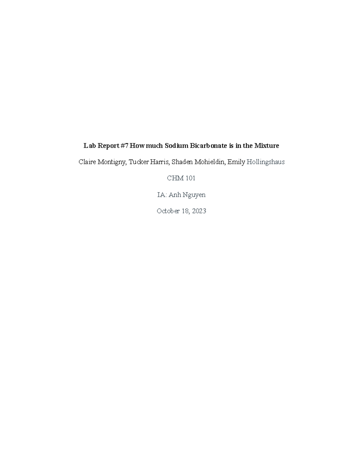 CHM 101 - Lab Report #7: Determining Sodium Bicarbonate Levels - Studocu