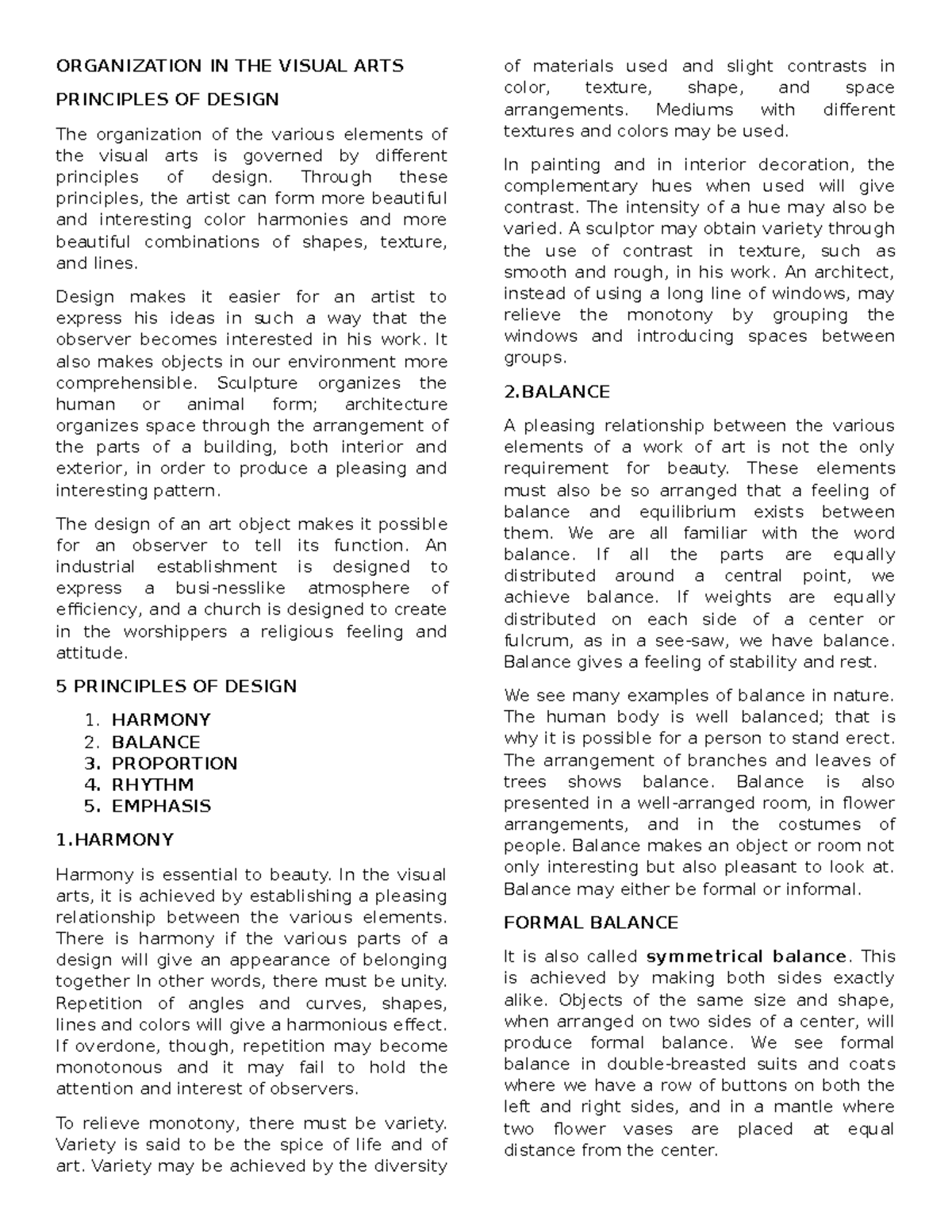 Principles of Design in Visual Arts: Organization and Harmony - Studocu