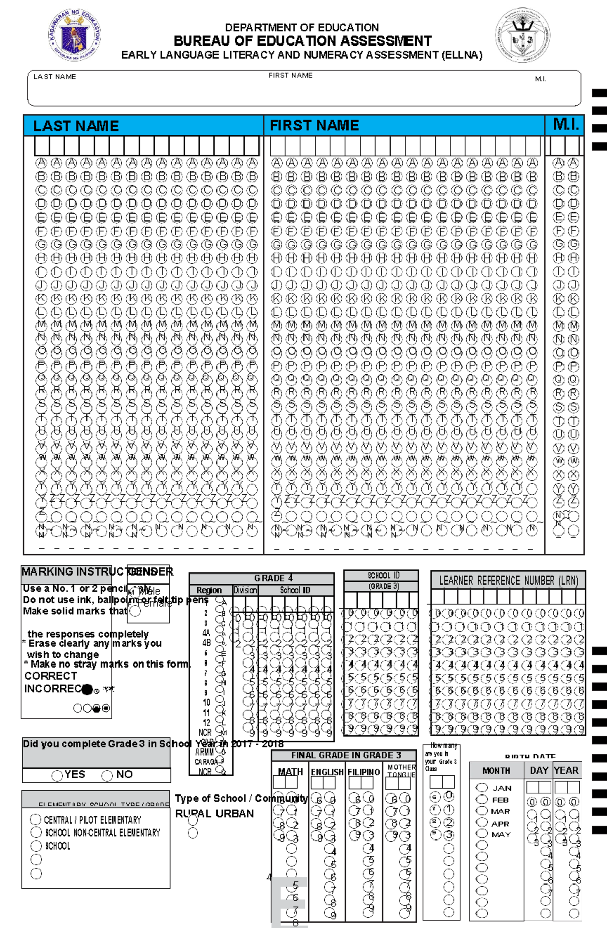 ELLNA ID Sheets with Answer Key for Grade 3 Evaluation - Studocu