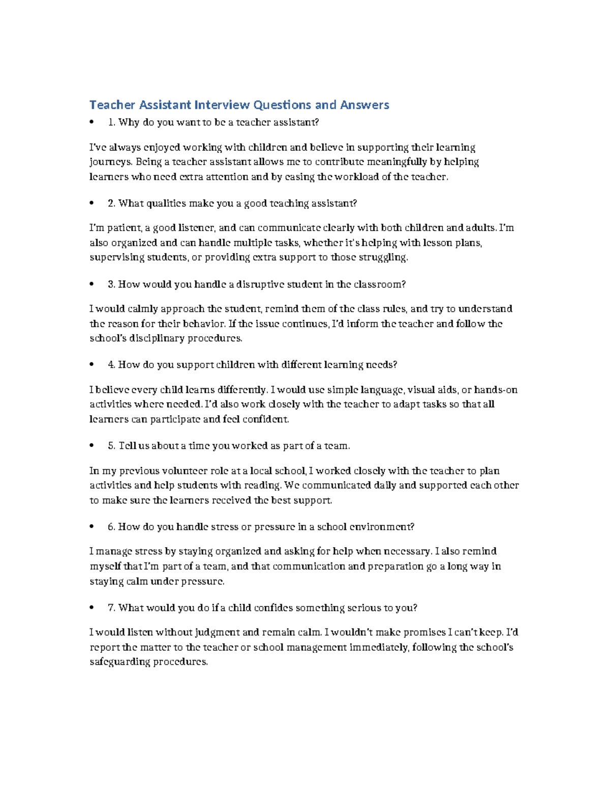 Teacher Assistant Interview Q&A: Key Questions & Responses - Studocu