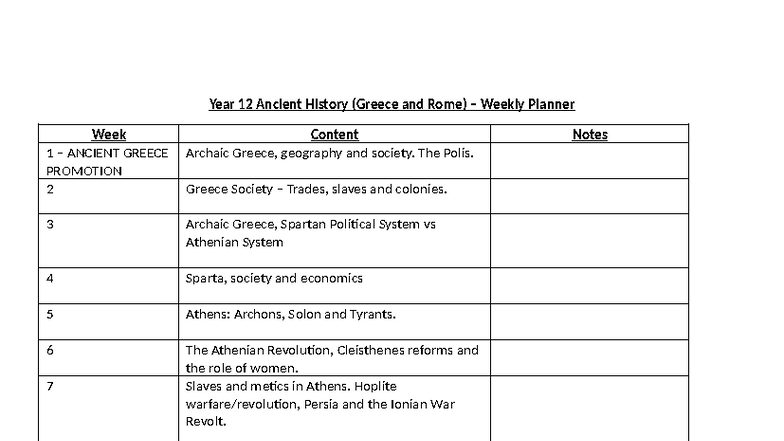 Year 12 Ancient History (Greece and Rome) Weekly Planner - Studocu