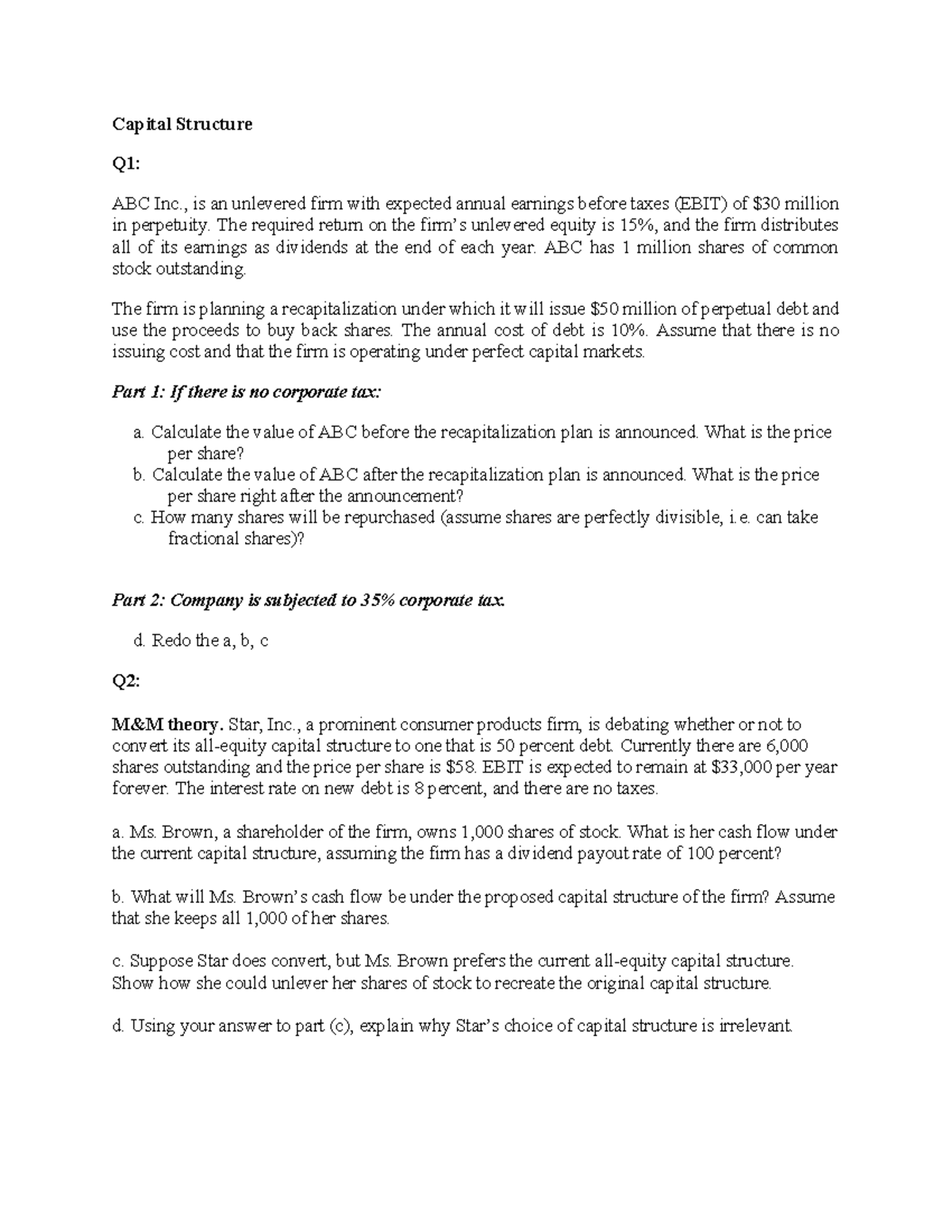 CFI Sample Test: Capital Structure, Budgeting & M&A Analysis - Studocu