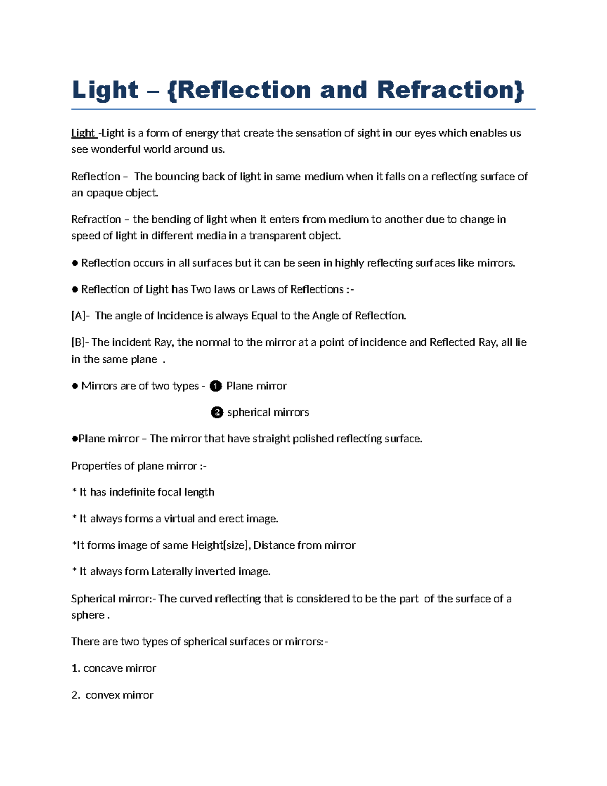 Light and Reflection: Full Chapter Notes for Class 10 - Studocu