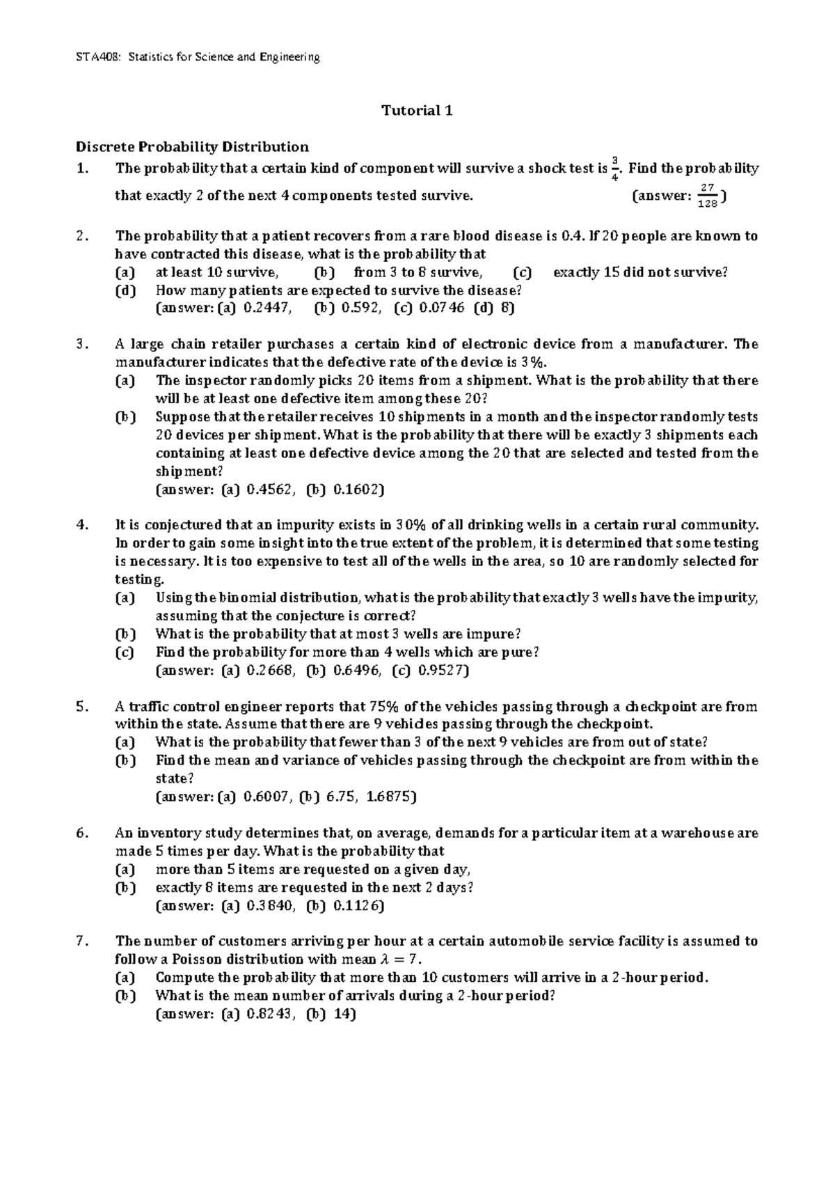 Tutorial 1 - Probability Distribution - STA408: Statistics for Science and Engineering Tutorial ...