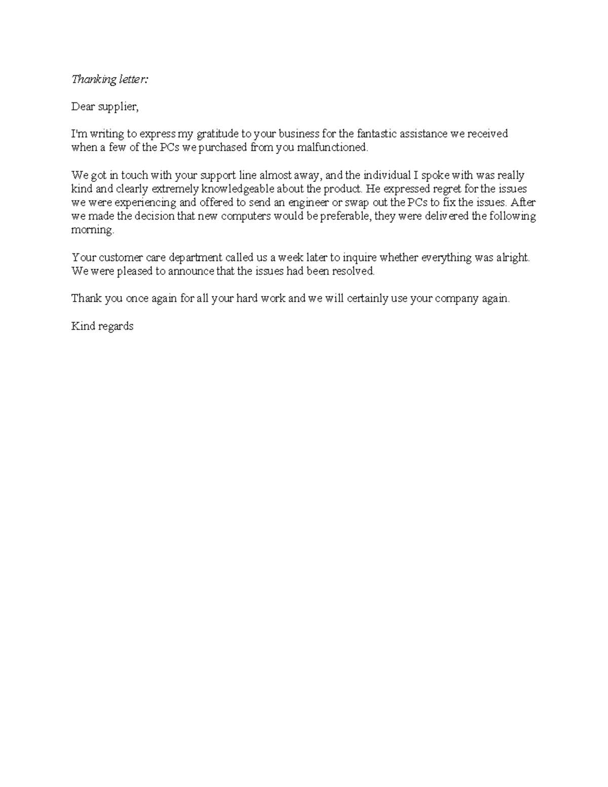 Gratitude Letter to Supplier for Excellent Support - Studocu