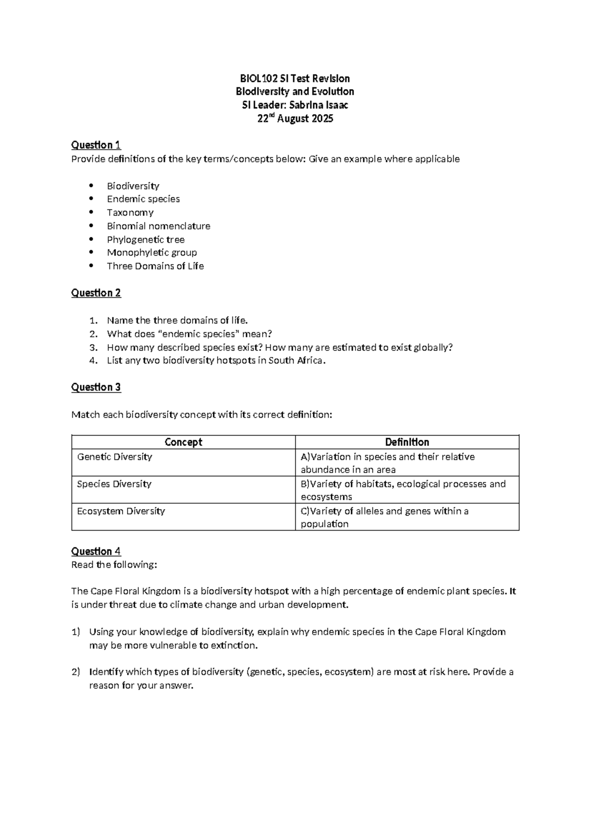BIOL102 SI Session 3 Test Revision: Biodiversity & Evolution Insights ...