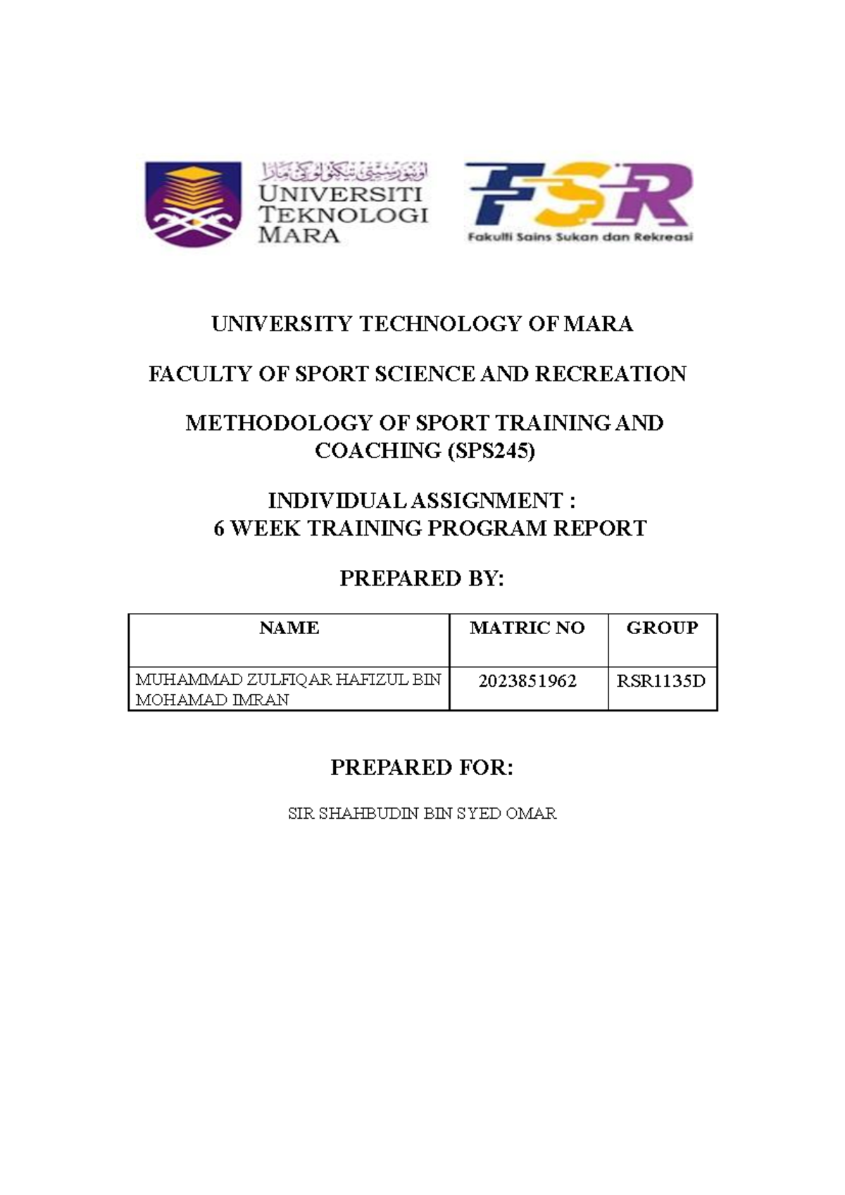 SPS245 6-Week Training Program Report: Methodology & Insights - Studocu