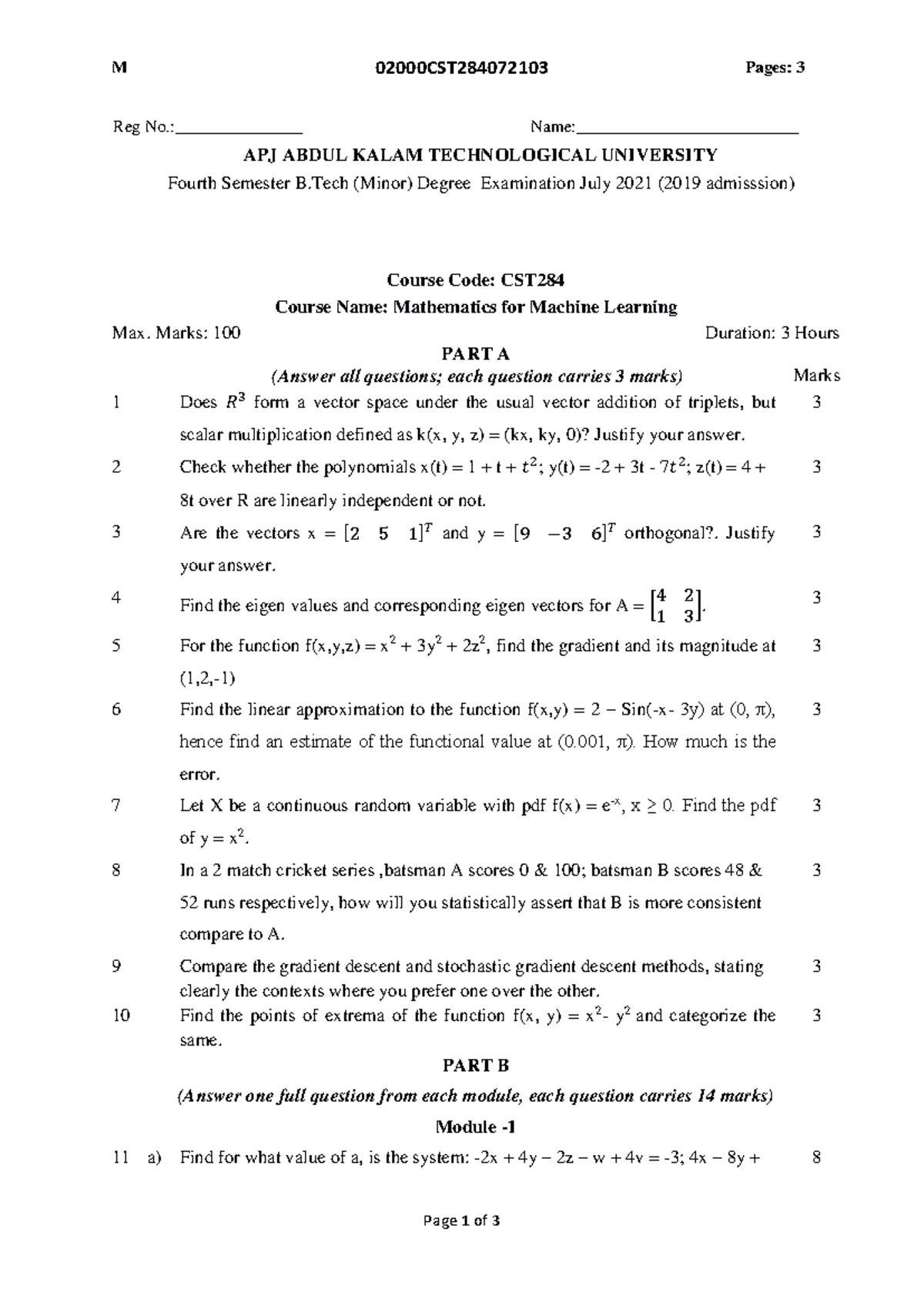 CST284 Mathematics for Machine Learning - July 2021 Exam Paper - Studocu