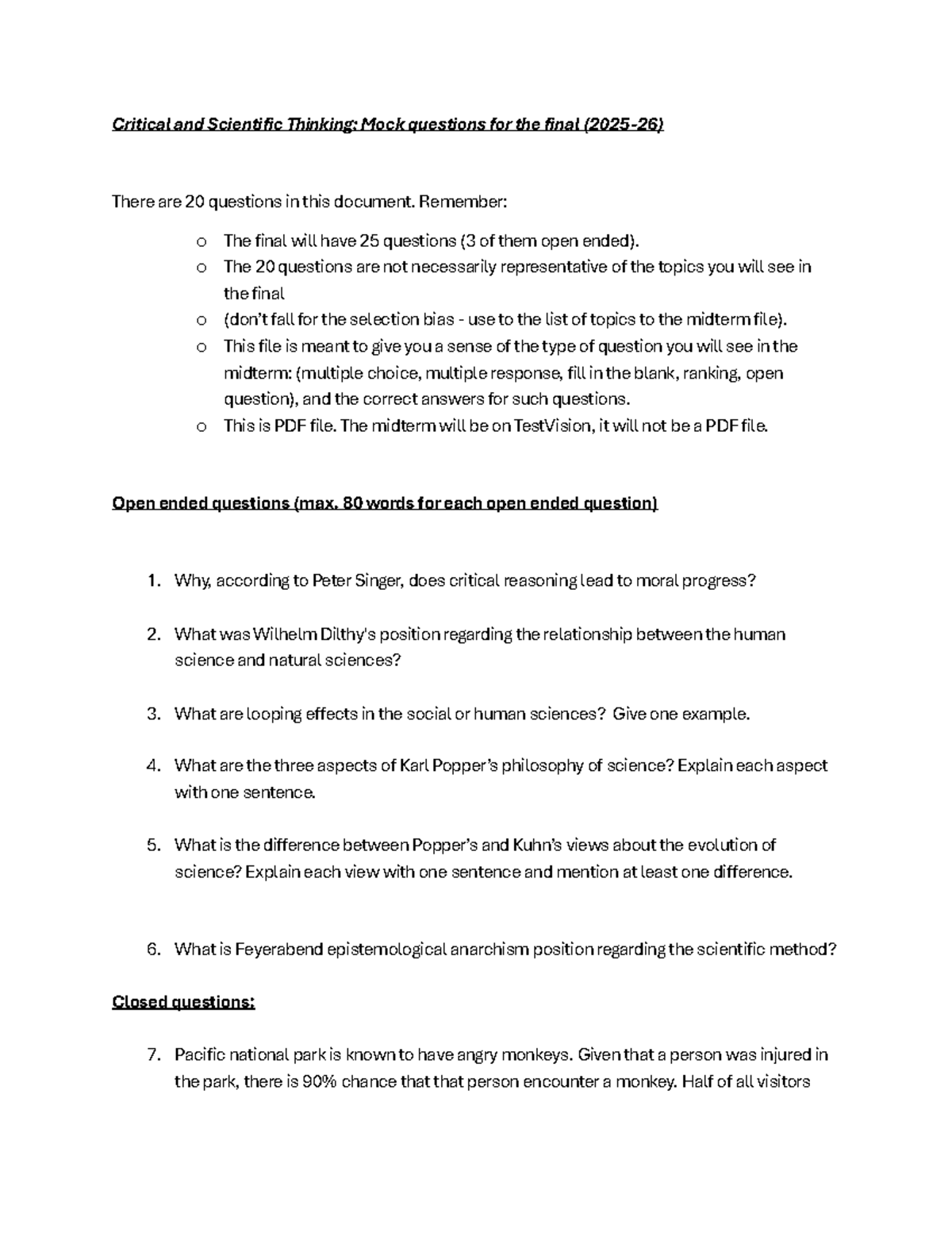 Critical and Scientific Thinking: Mock Questions for Final Exam 2025-26 ...