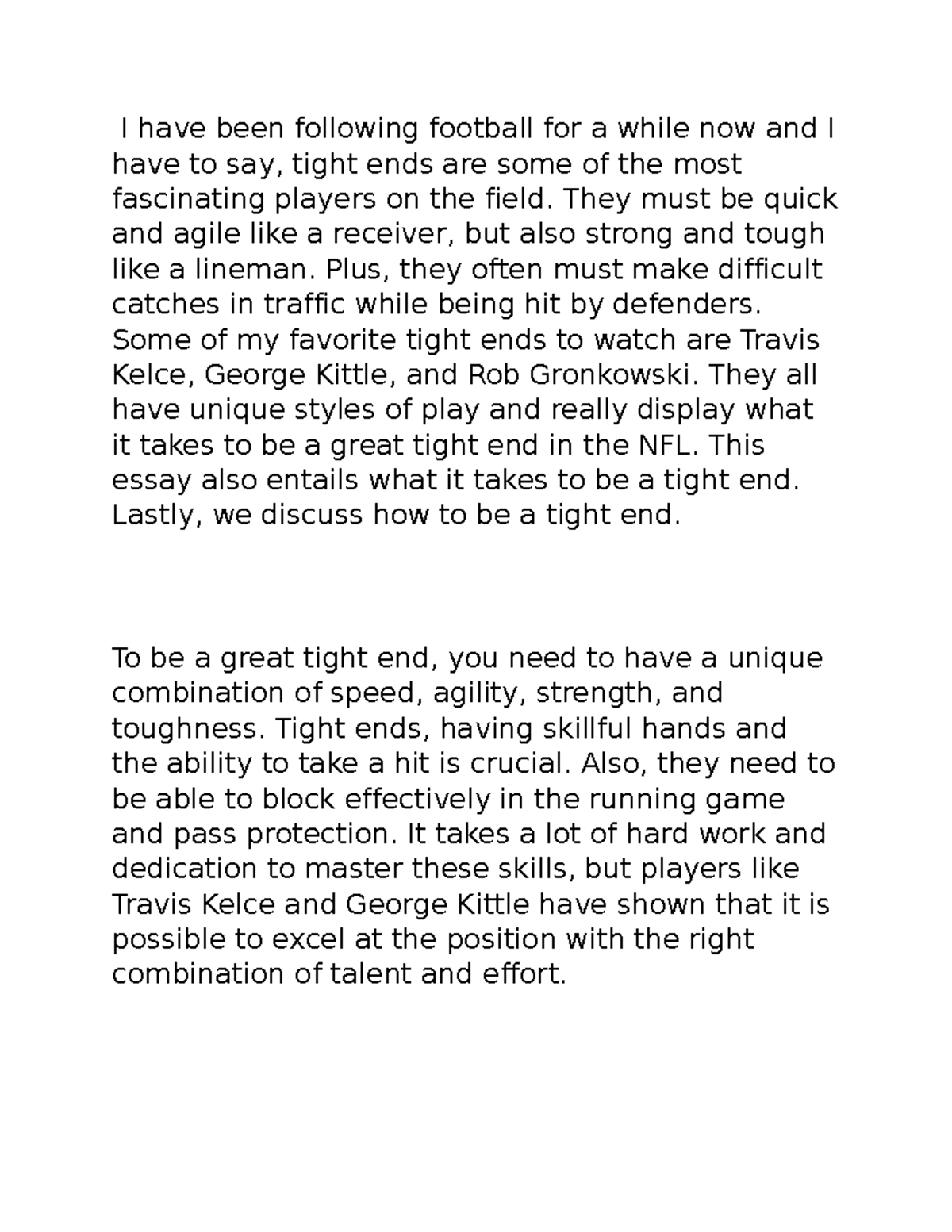 Essay on Becoming a Successful Tight End in the NFL - Studocu