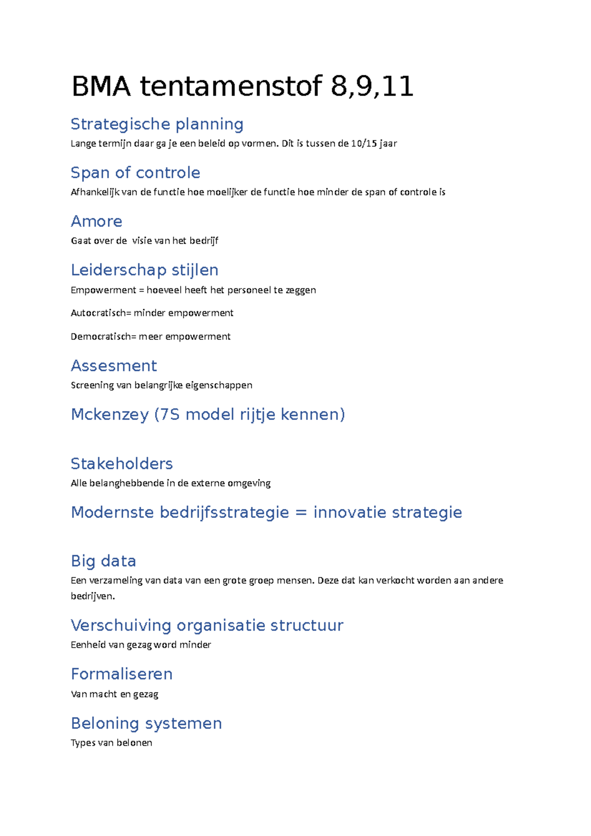 BMA Tentamenstof: Strategische Planning & Leiderschap (8,9,11 ...