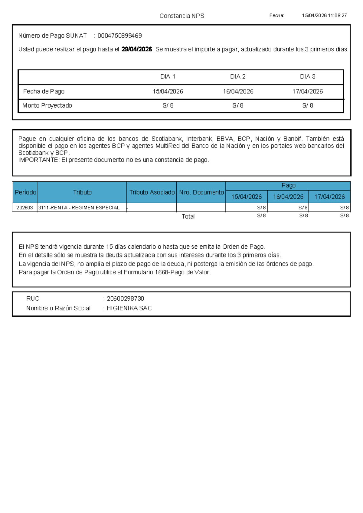 Reporte NPS 032026 - Pago SUNAT para Higenika SAC - Studocu