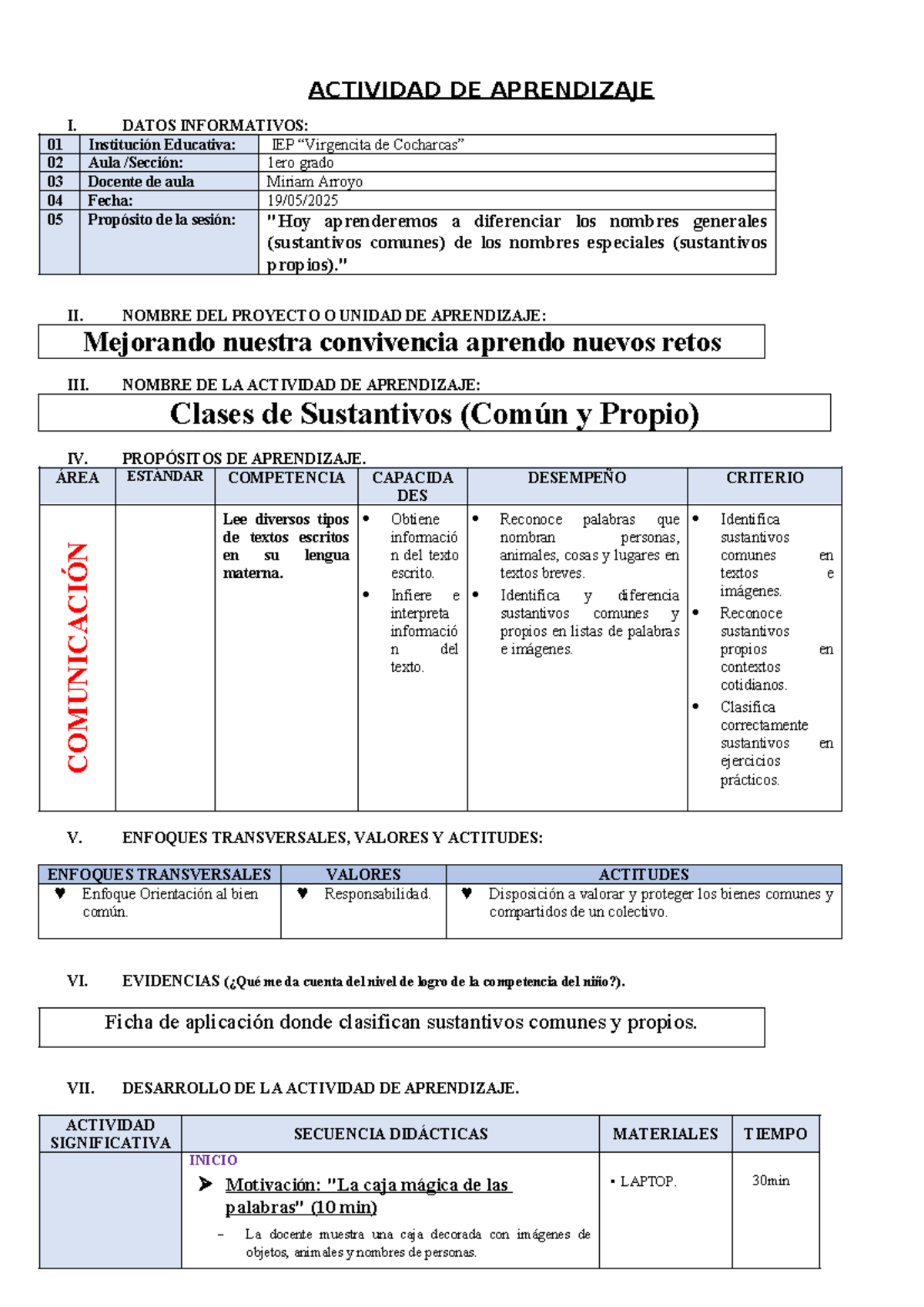 Actividad de Aprendizaje: Clasificación de Sustantivos Comunes y ...